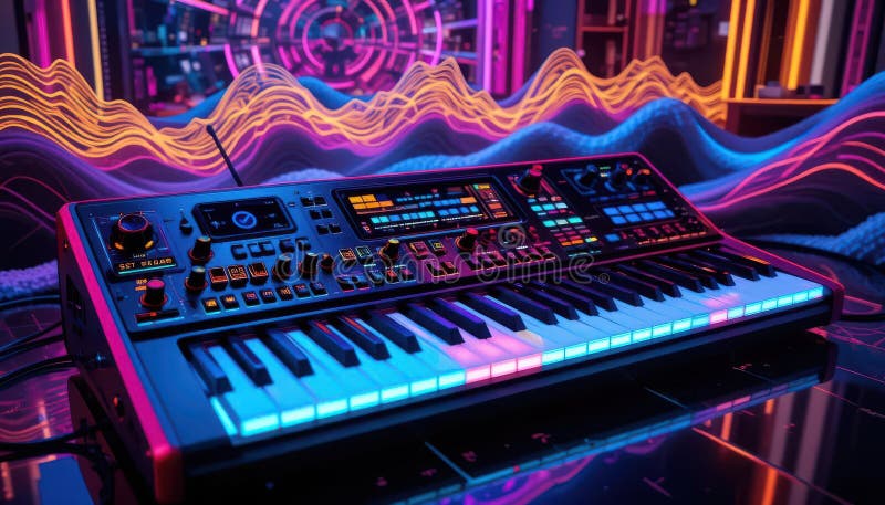 Retro Futuristic Synth with Pulsating Neon Lights and Abstract 80s ...
