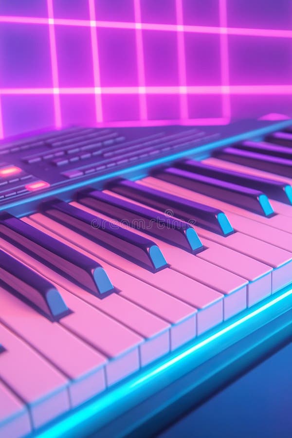 Retro Futuristic Synthesizer with Neon Lights and Geometric Background ...