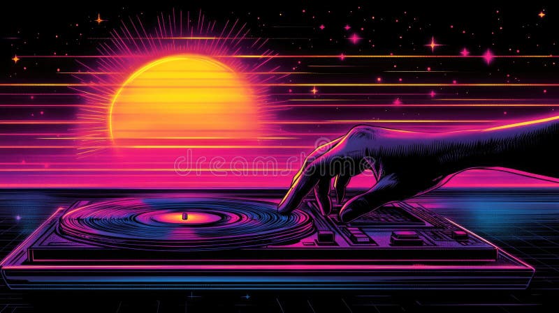 Retro Futuristic Synthwave Art with Hand on Turntable and Neon Sunset ...