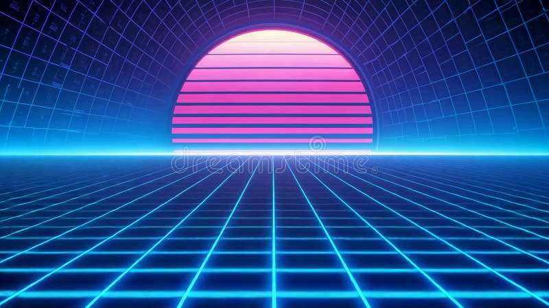 Synthwave Retro Futuristic Sci Fi Background with Glowing Grid and ...