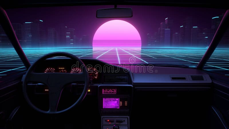 Synthwave Car Interior with Chrome Dashboard and Glowing Neon Cityscape ...