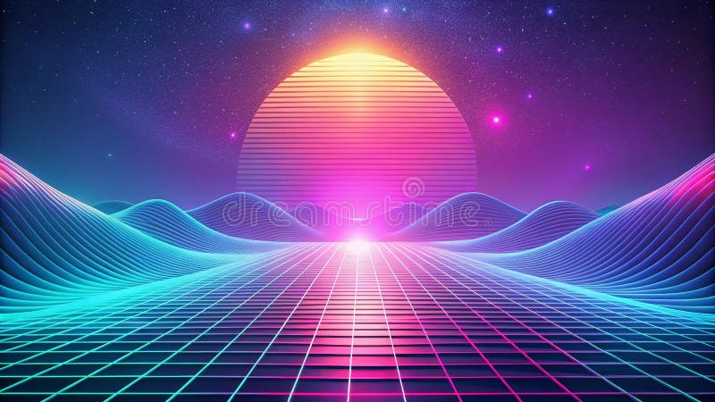 Retro Futuristic Synthwave Landscape with Sunset and Grid. Generative ...