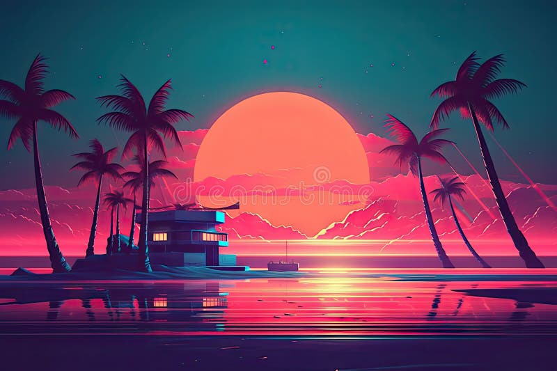 Retro Futuristic Synthwave Retrowave Styled Night Beach Sunset ...