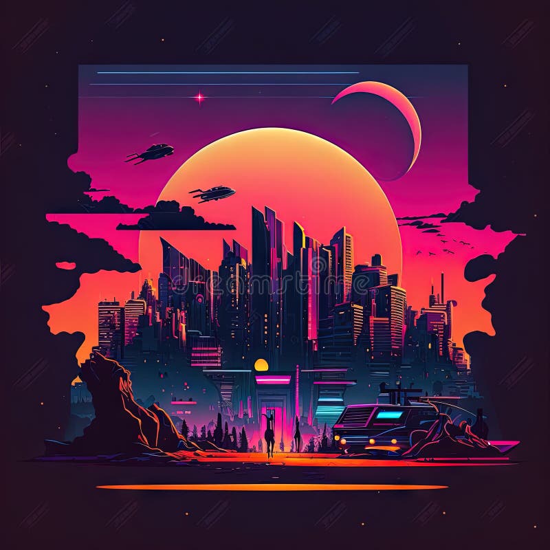 Retro Futuristic Synthwave Retrowave Styled Night Stock Illustration ...