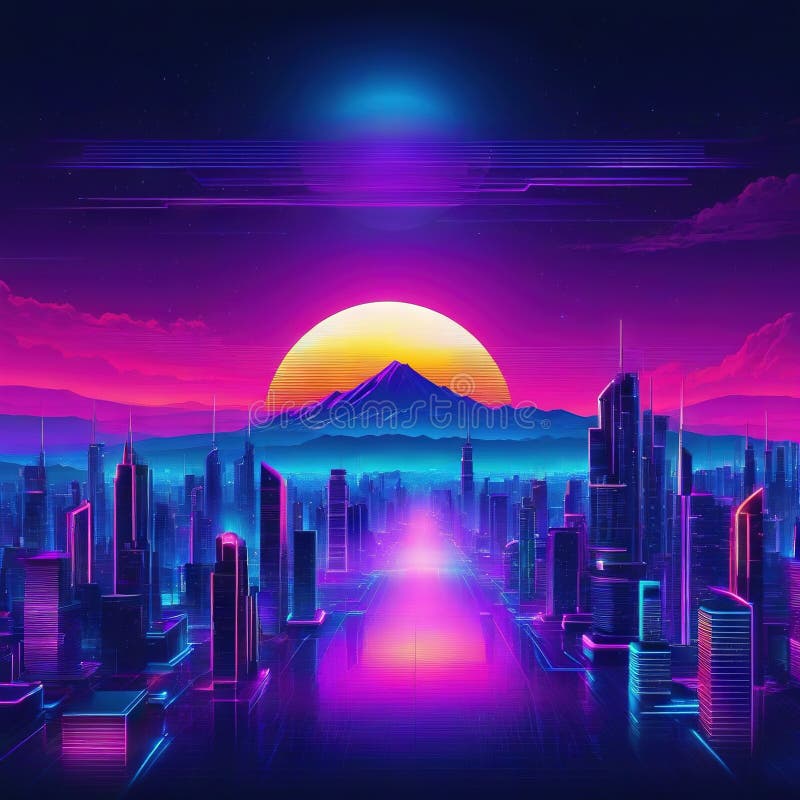 Retro Futuristic Synthwave Style Night City Colorful Background with ...