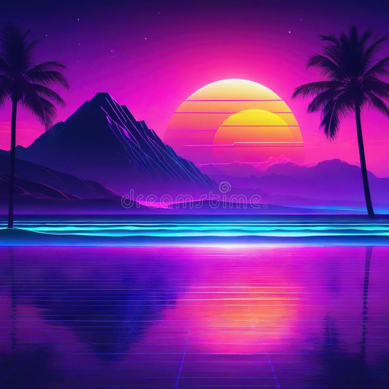 Synthwave Style Futuristic Digital Render in Cyber Landscape Abstract ...