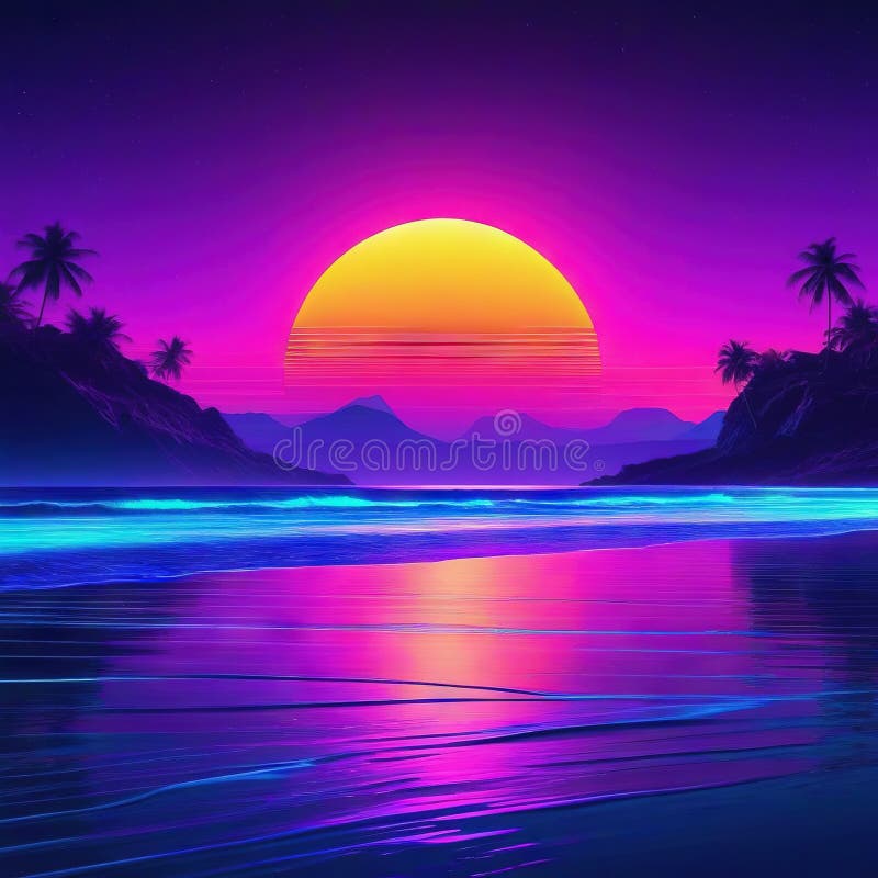 Retro Futuristic Synthwave Style Sunset at the Beach Colorful ...