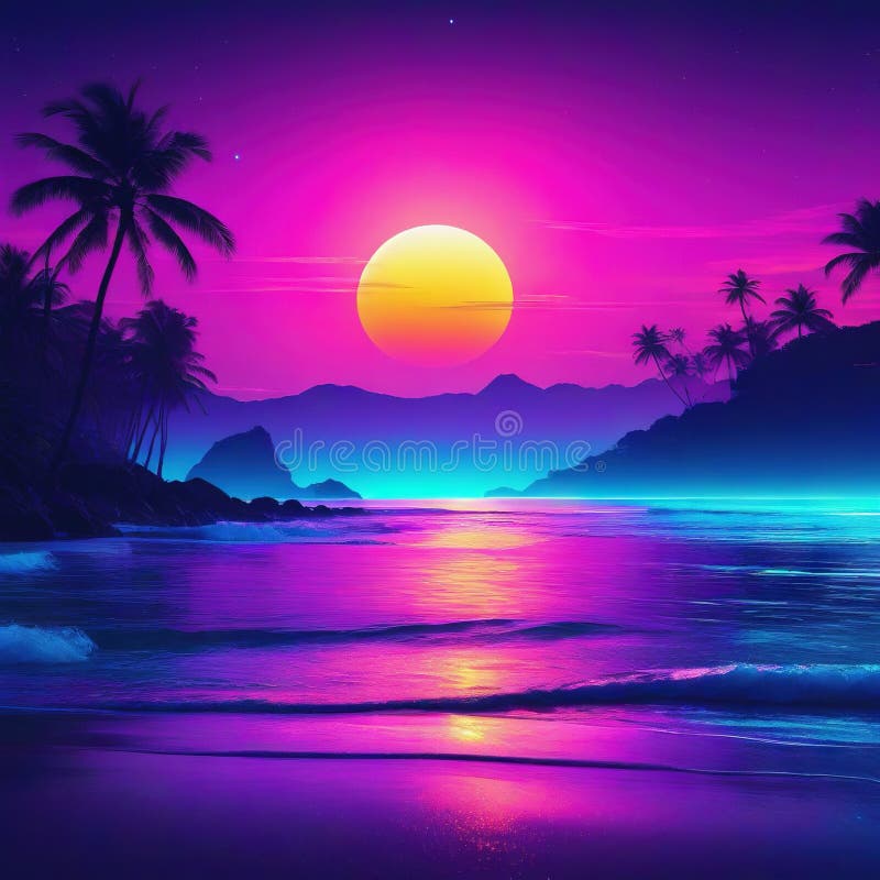 Retro Futuristic Synthwave Style Sunset at the Beach Colorful ...