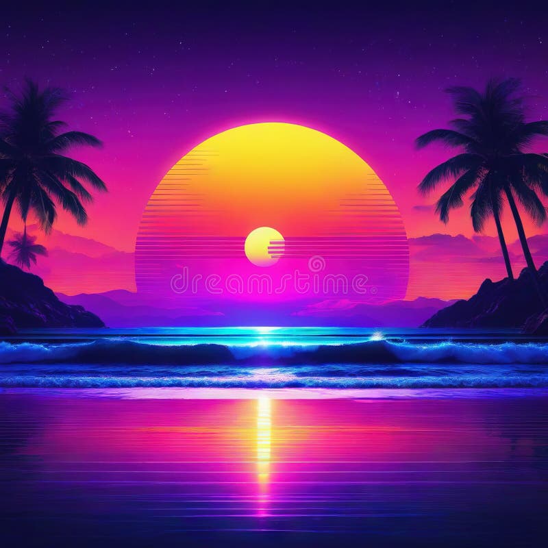 Retro Futuristic Synthwave Style Sunset at the Beach Colorful ...