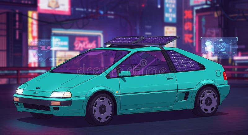 A Retro-futuristic Turquoise Car is Depicted, Featuring Rooftop Solar ...