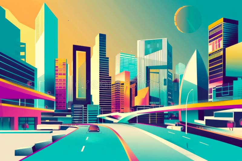 Retro-futuristic Vibrant Futuristic Cityscape Stock Illustration ...