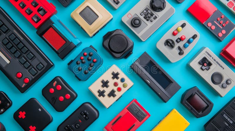 Retro Game Controllers on Blue Background a Flat Lay of Vintage Gaming ...