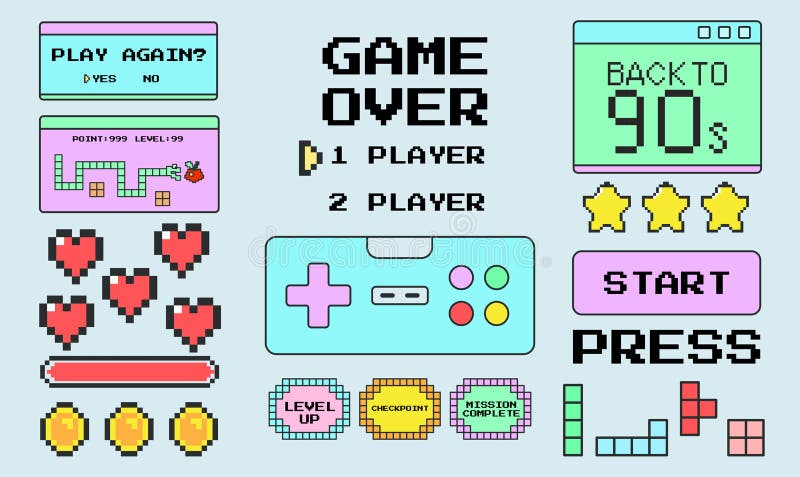 Retro Game Object Set. Set of Game User Interface Elements, Pixel Style ...
