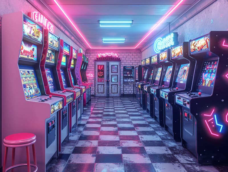 Retro Game Room with Vintage Arcade Machines and a Neon Sign3D Render ...