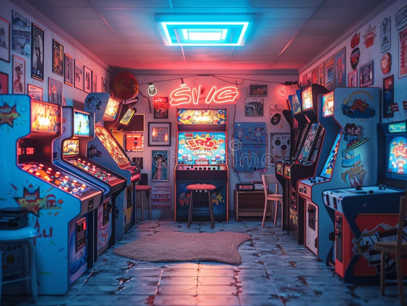 Retro Game Room with Vintage Arcade Machines and a Neon Sign3D Render ...