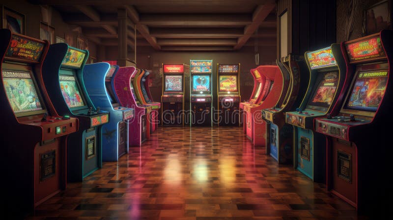 Retro Games Machines in an Arcade Stock Illustration - Illustration of ...