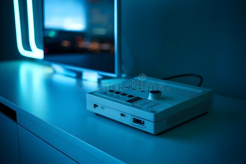 Retro Gaming Console on Minimalist Surface with Neon Lights Stock ...