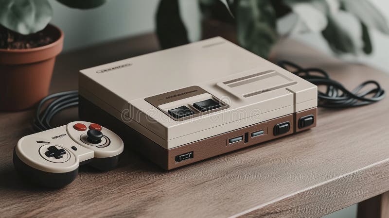 Vintage Gaming Console with Controller on Wooden Table Stock ...