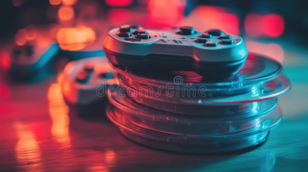 Retro Gaming Controller on Stacked Game Discs Stock Image - Image of ...
