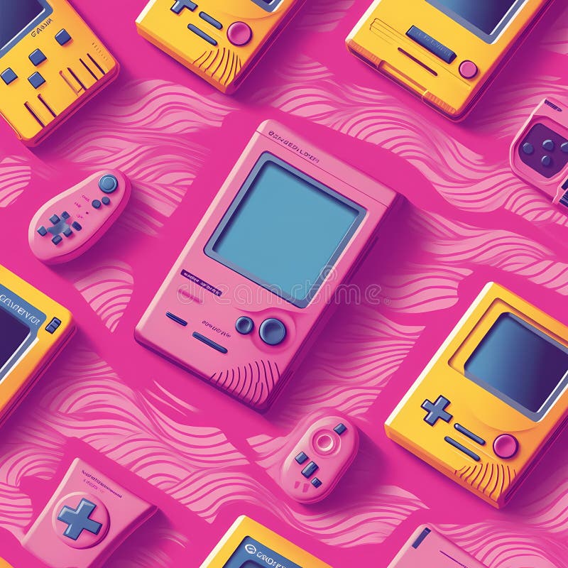Retro Gaming Handheld Devices in Vibrant 80s-Inspired Illustration ...