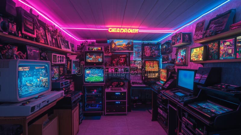Retro Gaming Room Filled with Old Computers and Consoles Bathing in ...