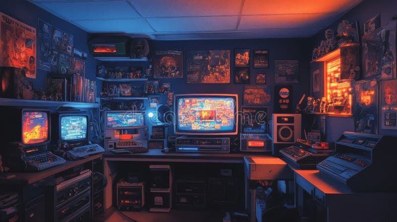 Retro Gaming Room with Neon Lights and Vintage Technology Stock ...