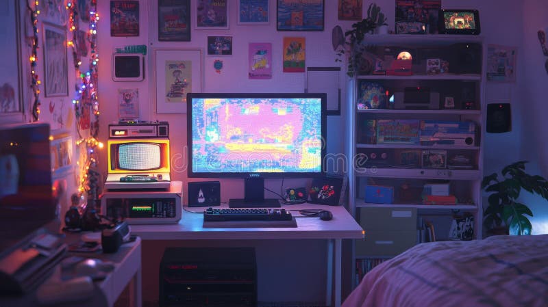 Retro Gaming Room with Vibrant 80s Decor and Synthwave Aesthetic Stock ...
