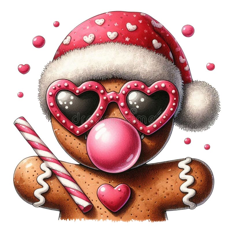 Retro Gingerbread Blowing Pink Bubble Gum. Gingerbread Man with Candy ...