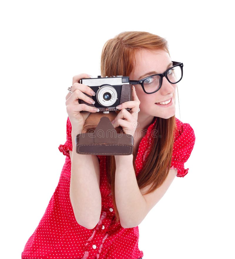 Retro girl with camera stock image. Image of photocamera - 22375765