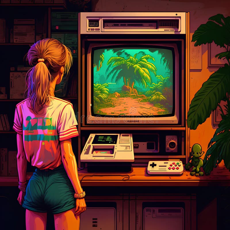 Retro Girl Playing Video Game in Front of an Old TV. Stock Illustration ...