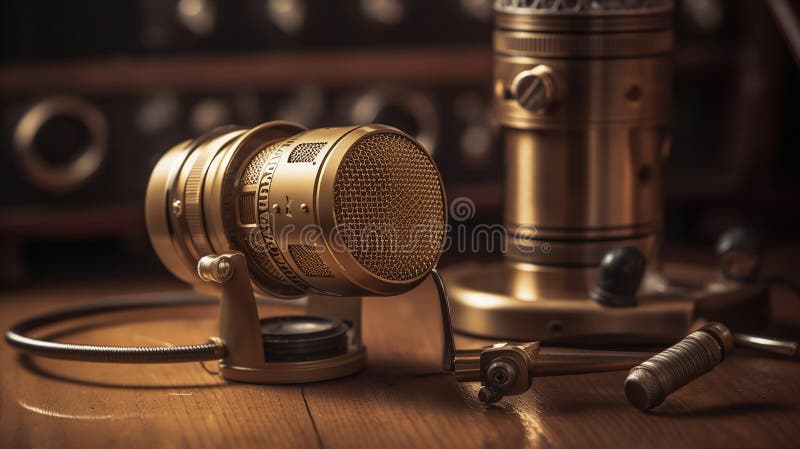 Retro Golden Microphone and Headphones on Table. Generative Ai Stock ...