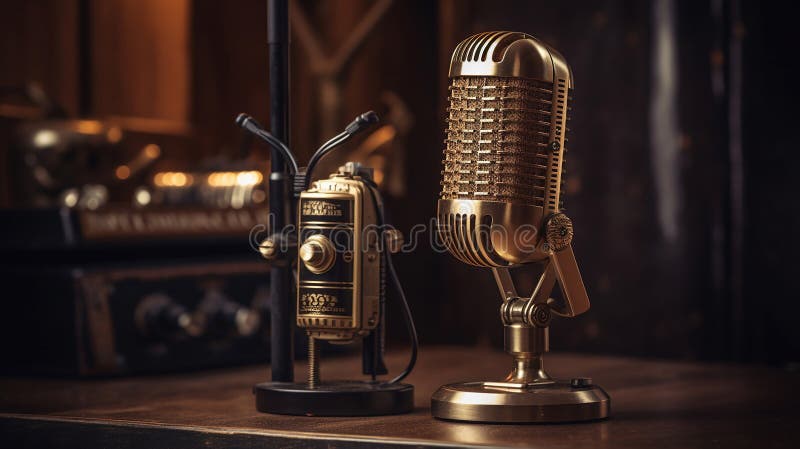 Retro Golden Microphone and Headphones on Table. Generative Ai Stock ...