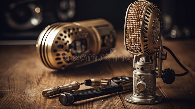 Retro Golden Microphone and Headphones on Table. Generative Ai Stock ...