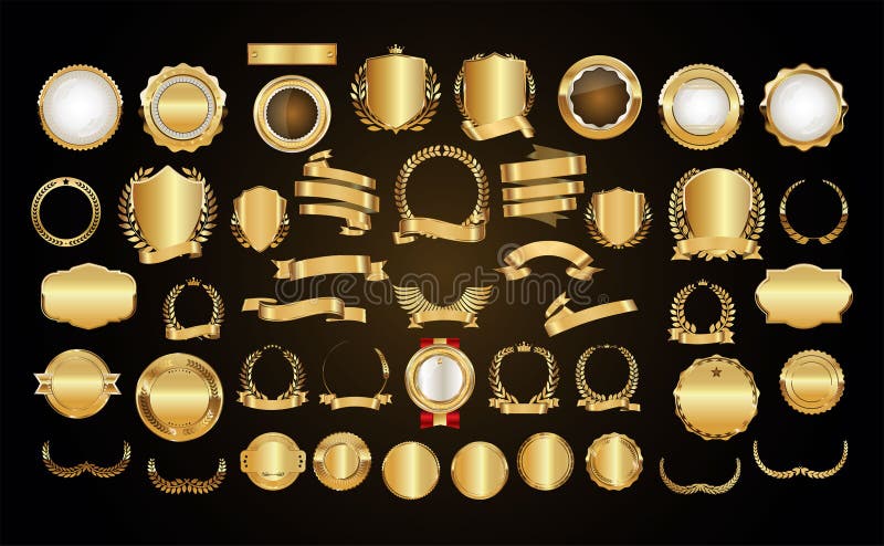 Retro Golden Ribbons Laurels Golden Plates and Labels Vector Collection ...