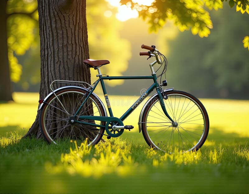 Retro Green Bicycle Leaning Against Tree in Sunny Park Stock ...