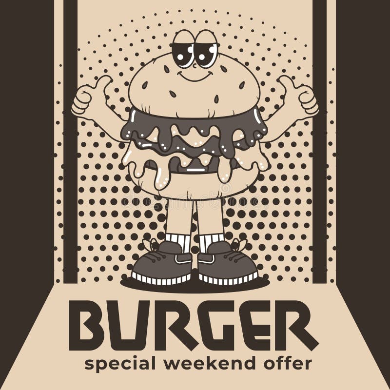 Retro Groovy Cartoon Poster with Character Burger. Vintage Mascot with ... Retro Groovy Cartoon Poster with Character Burger. Vintage Mascot with ...