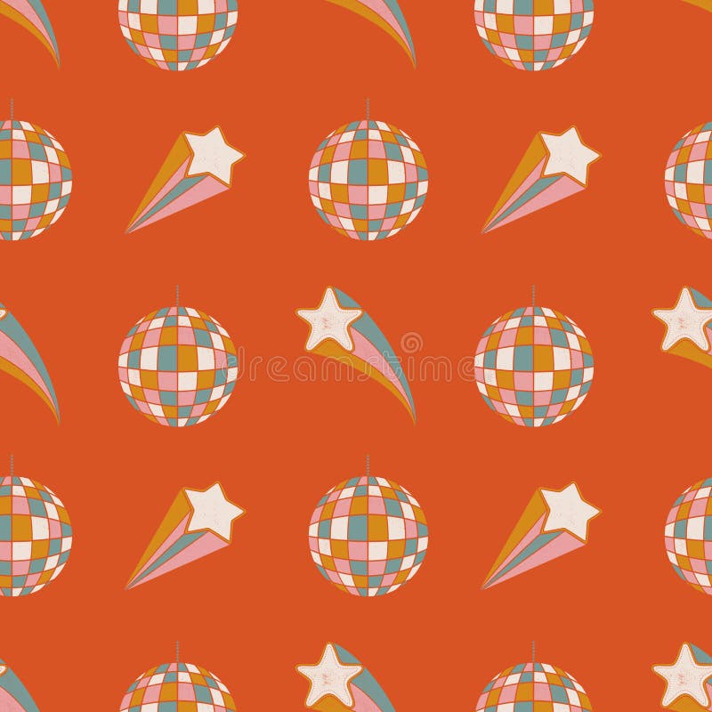 Retro Groovy Seamless Pattern with Hand Drawn Disco Ball and Star ...