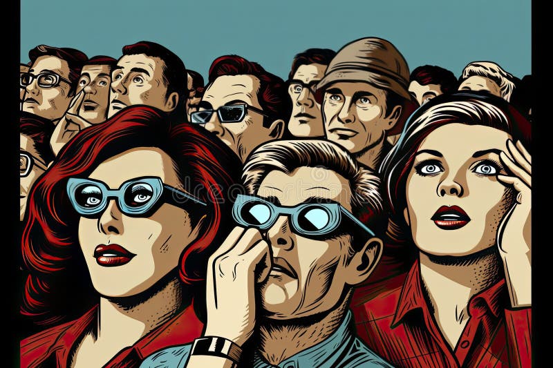 Retro Group of People are Watching on the Silver Screen. Pop Art Retro ...