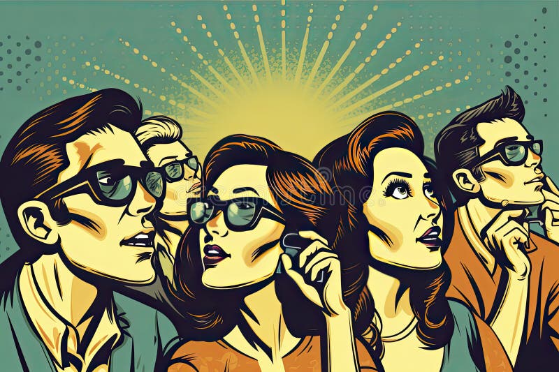 Retro Group of People are Watching on the Silver Screen. Pop Art Retro ...