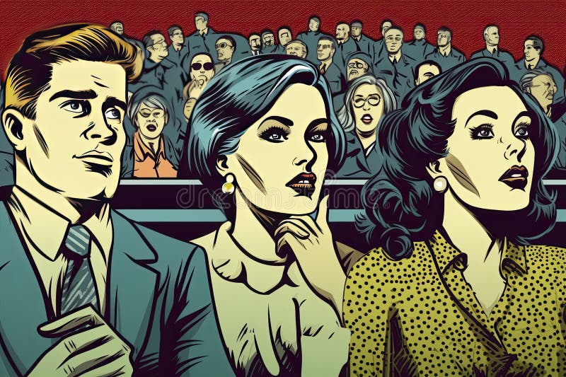 Retro Group of People are Watching on the Silver Screen. Pop Art Retro ...