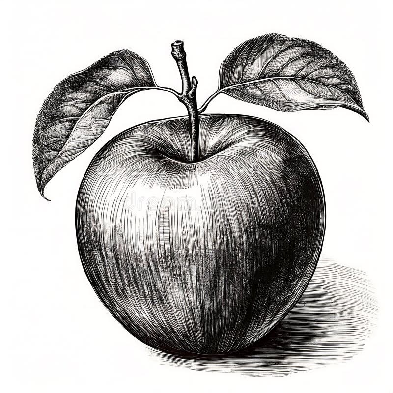Retro Hand Drawn Illustration of an Apple with Fine Cross Hatching and ...