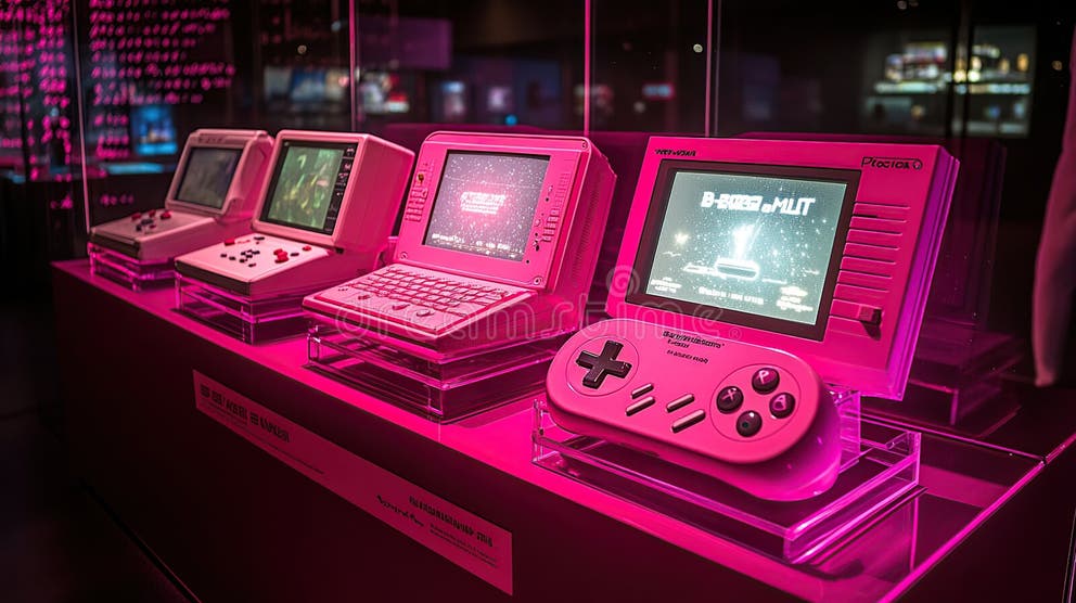 Retro Handheld and Desktop Video Game Consoles on Display Stock ...