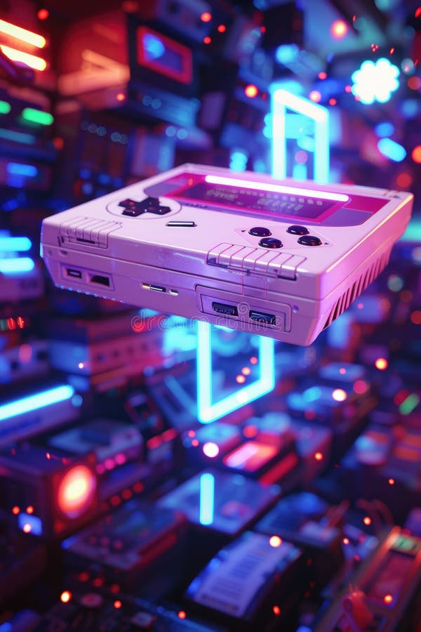 Retro Handheld Gaming Console Surrounded by Neon Grids and Futuristic ...