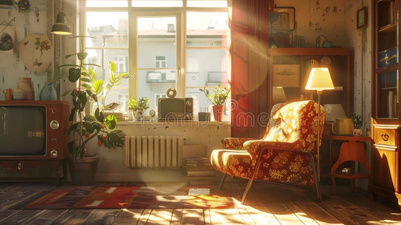 Retro Home Interior with Sun Lights from the Window, Vintage Room Stock ...