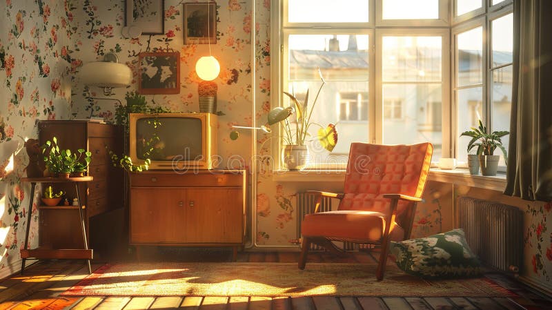 Retro Home Interior with Sun Lights from the Window, Vintage Room Stock ...