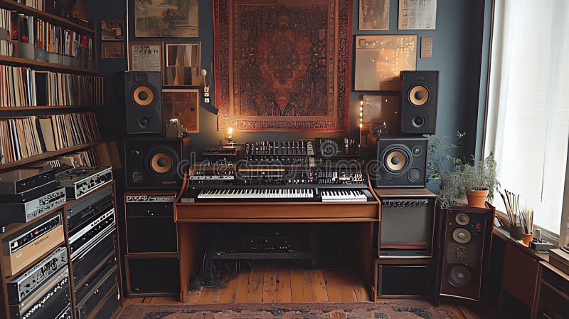 Retro Home Music Studio, Vintage Synth Setup, Room Decor, Vinyl Records ...