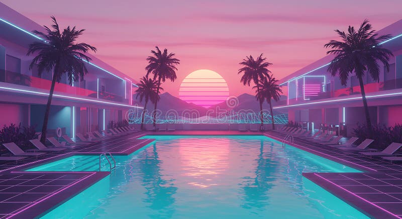 Retro Hotel Pool with Palm Trees and Sunset Digital Backdrop Stock ...