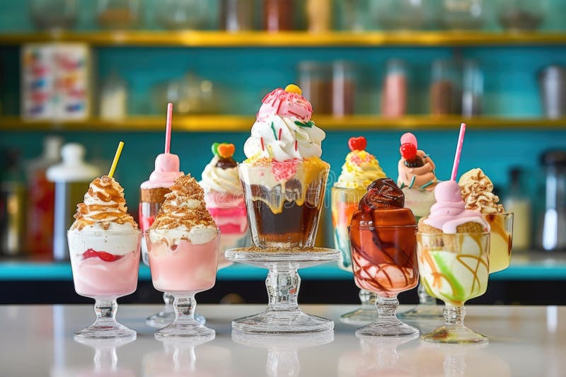 Retro Ice Cream Sundae Display on Counter Stock Illustration ...