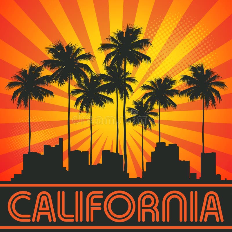 Retro Illustration with City Skyline and Text California Stock Vector ...