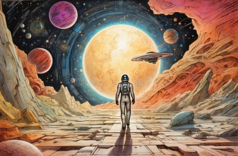 Retro Illustration of Space with an Abstract Astronaut, Creating a ...